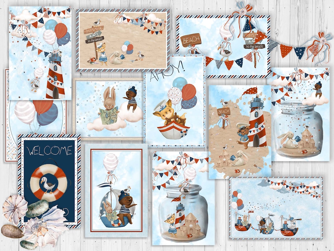 Printable Journal Cards, Nautical Scrapbook Paper, Coastal Digital ...