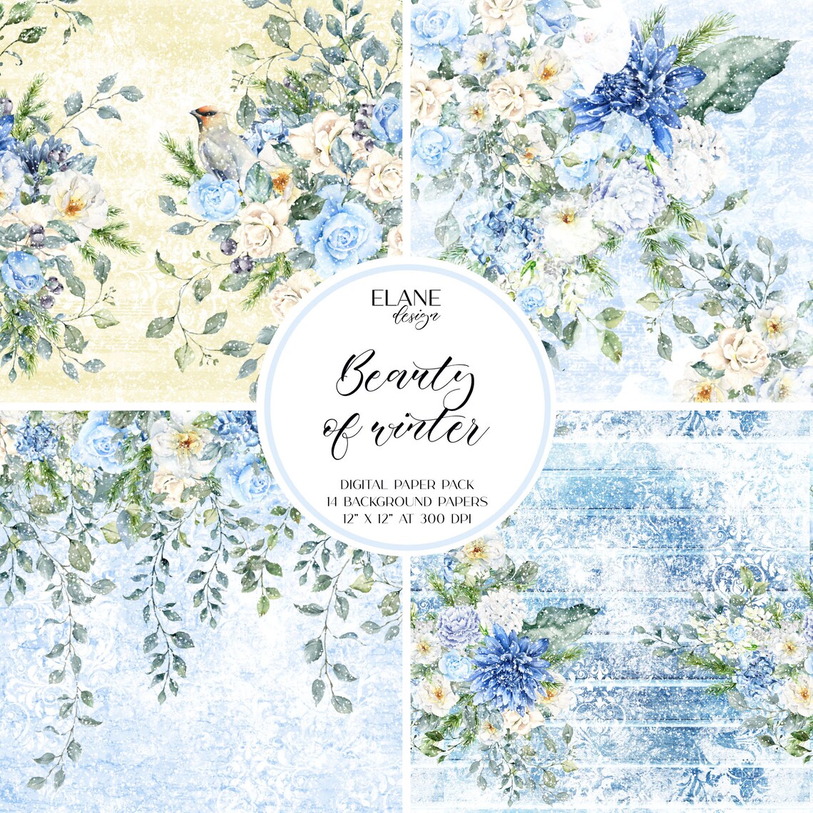 Blue Floral Digital Paper Winter Digital Background Blue - Etsy