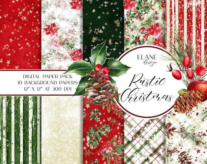 Rustic Christmas Digital Paper, Printable Scrapbook Paper, Christmas ...