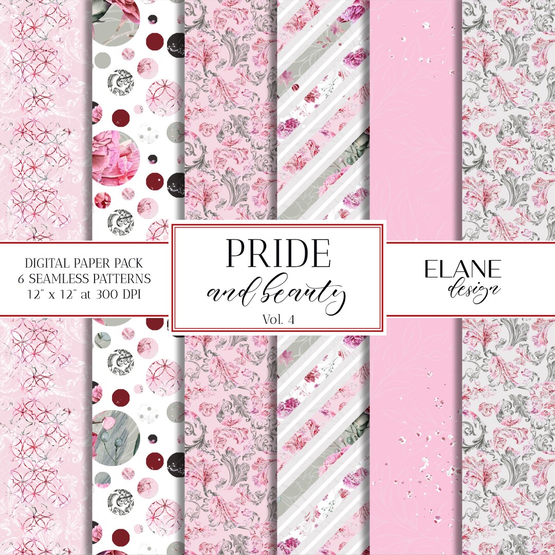 Pink and Grey Digital Paper, Damask Pattern, Floral Seamless File ...