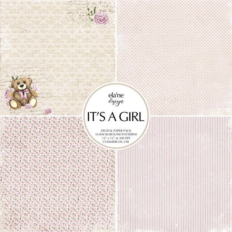 Baby Girl Digital Paper, Vintage Scrapbook Paper, Teddy Bear, Vintage ...