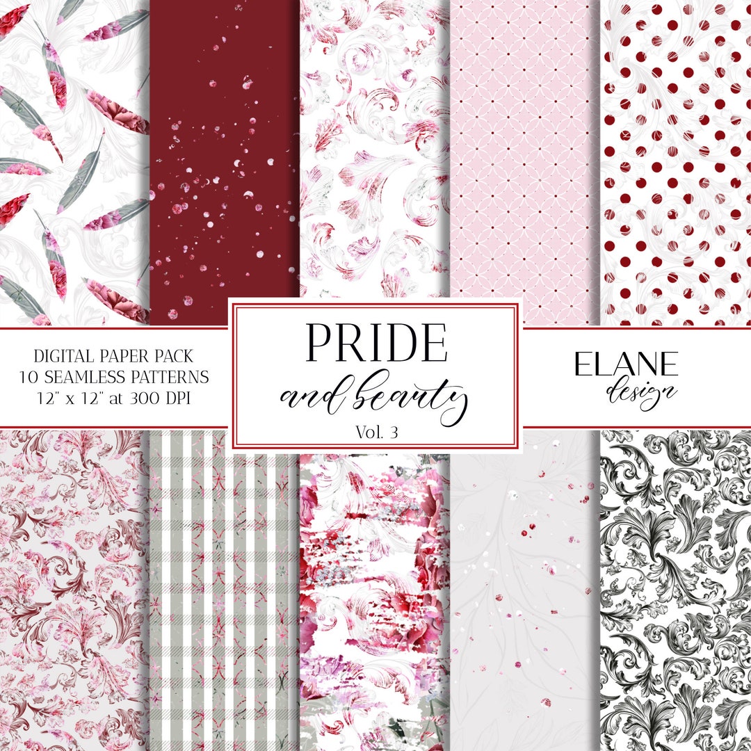 Pink and Red Digital Paper, Black Damask Wallpaper, Floral Seamless ...