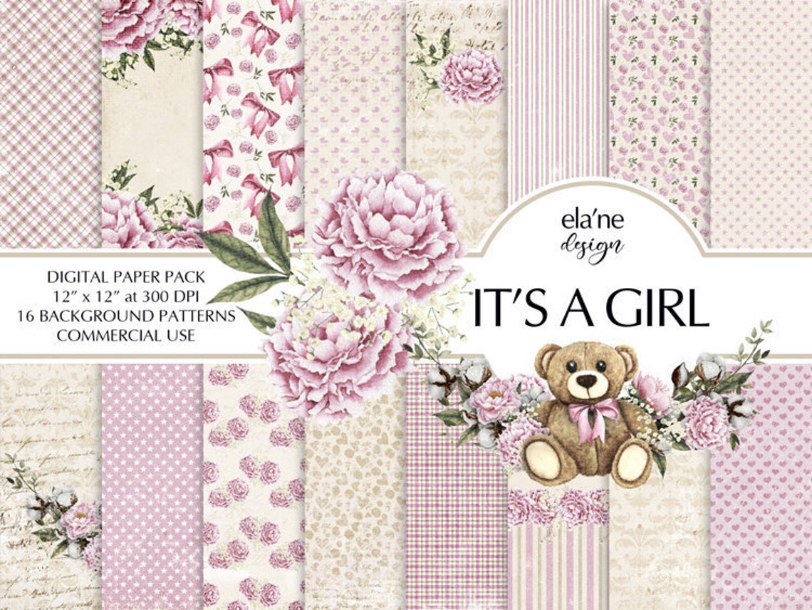 Baby Girl Digital Paper Vintage Scrapbook Paper Teddy Bear | Etsy