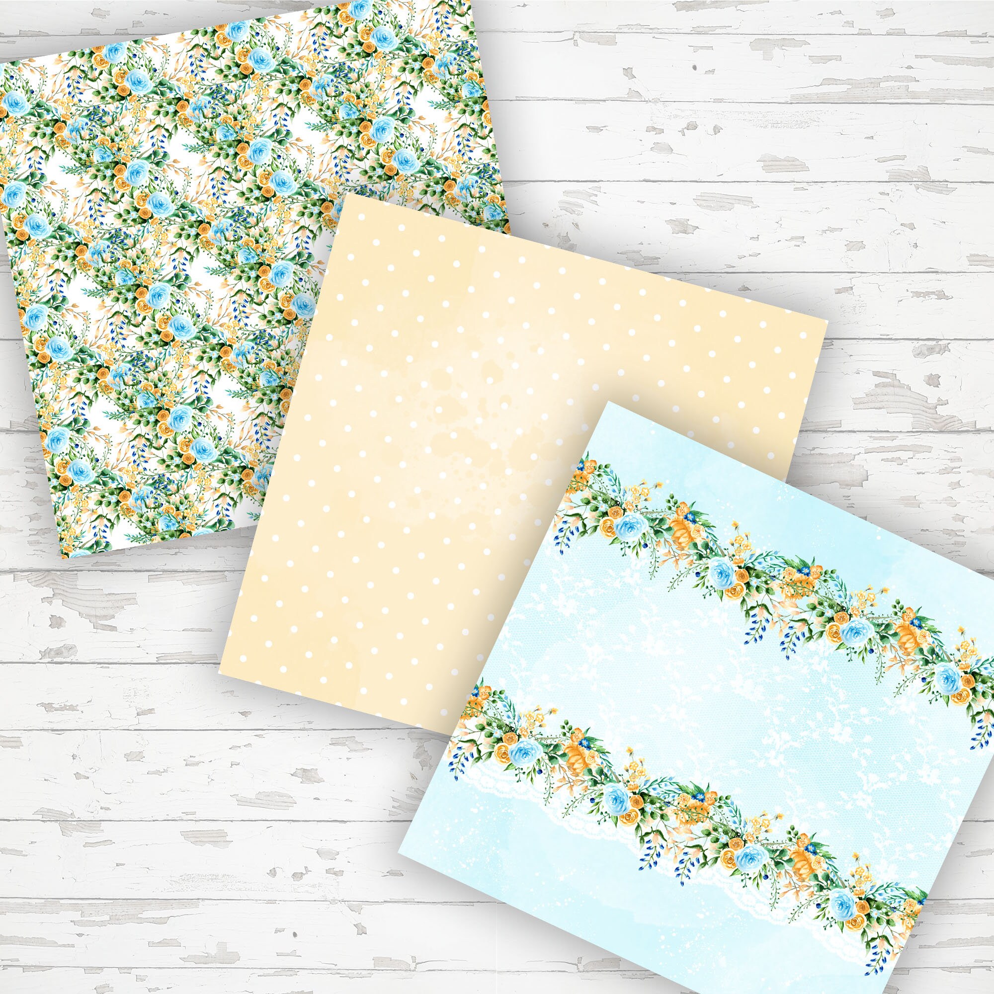 Summer Floral Digital Paper, Blue and Yellow Flower Print, Flowers ...