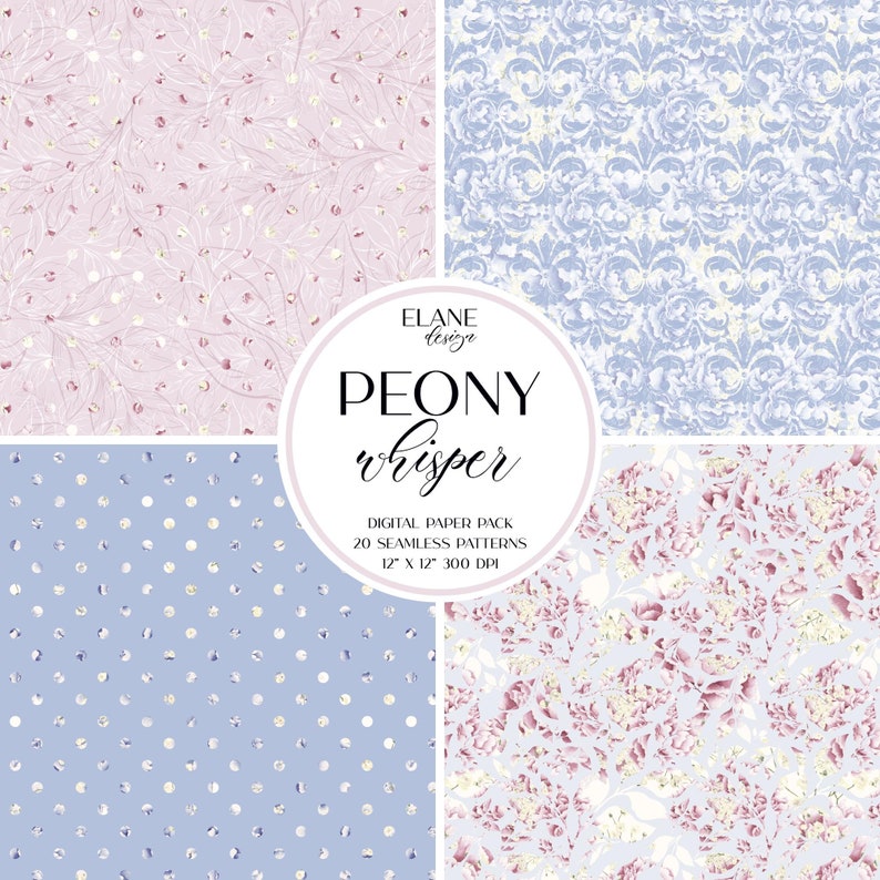 Peony Digital Paper, Floral Seamless File, Wedding Digital Paper, Blue ...