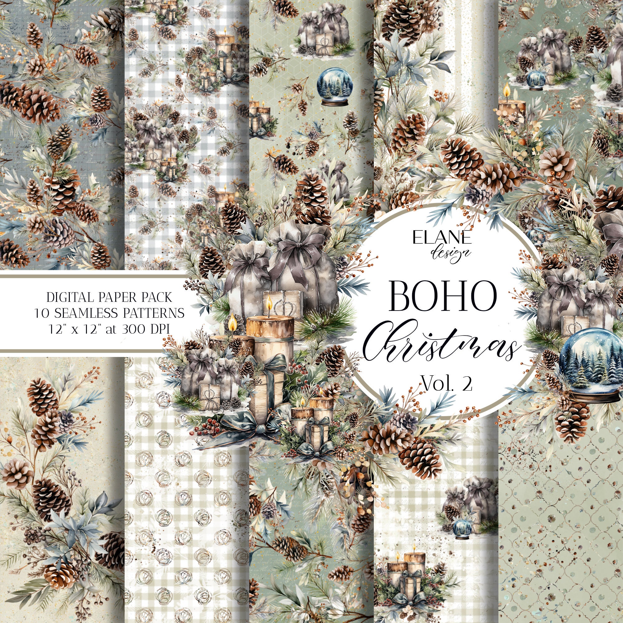 Christmas Digital Paper, Boho Christmas Seamless Files, Rustic Winter ...
