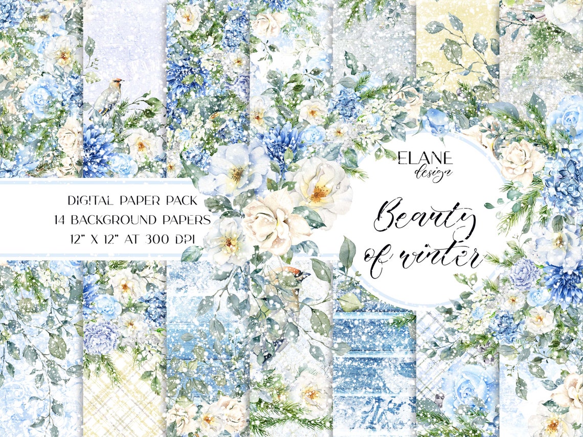 Blue Floral Digital Paper Winter Digital Background Blue - Etsy