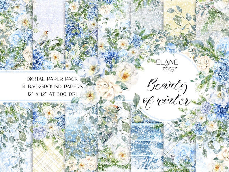 Blue Floral Digital Paper Winter Digital Background Blue - Etsy