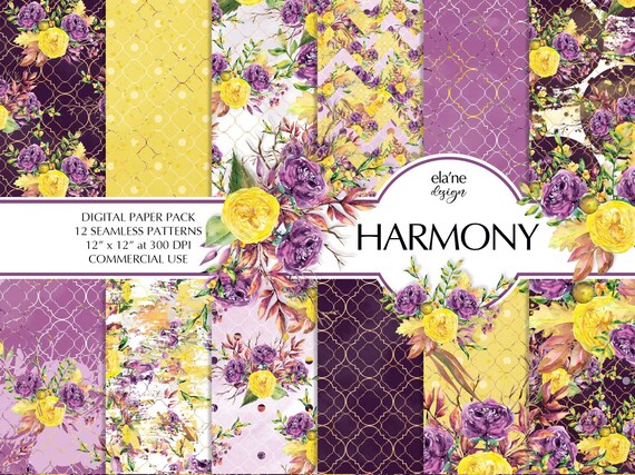 Floral Digital Paper Flowers Seamless Pattern Purple Yellow - Etsy