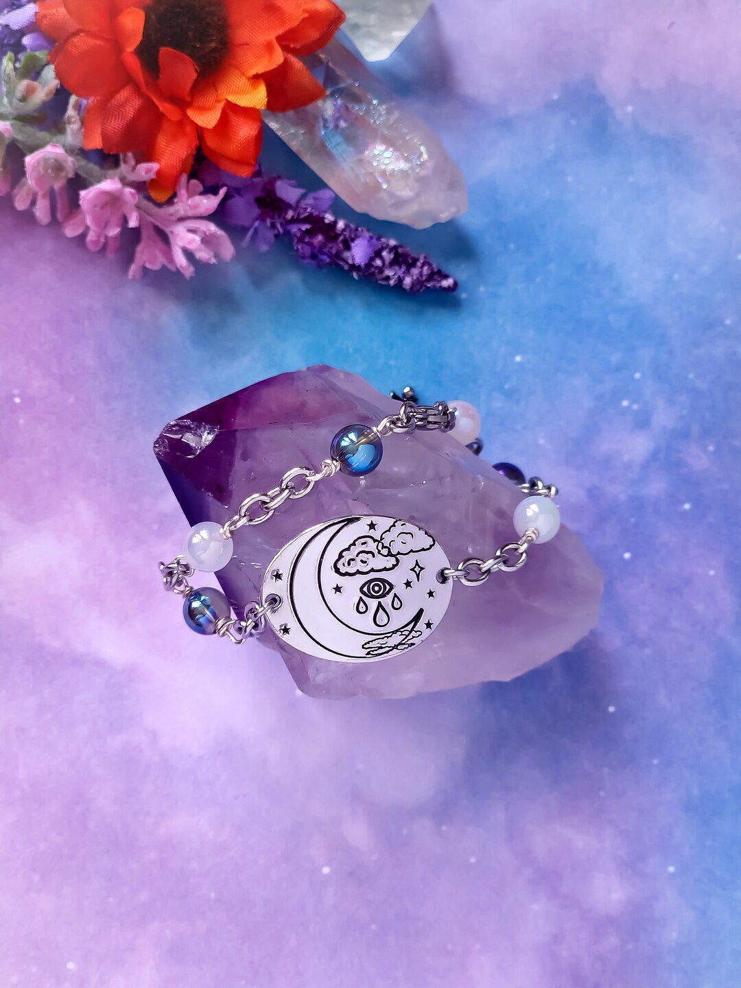Crying Eye & Crescent Moon Bracelet, Angel Aura Quartz, Sad Evil Eye ...