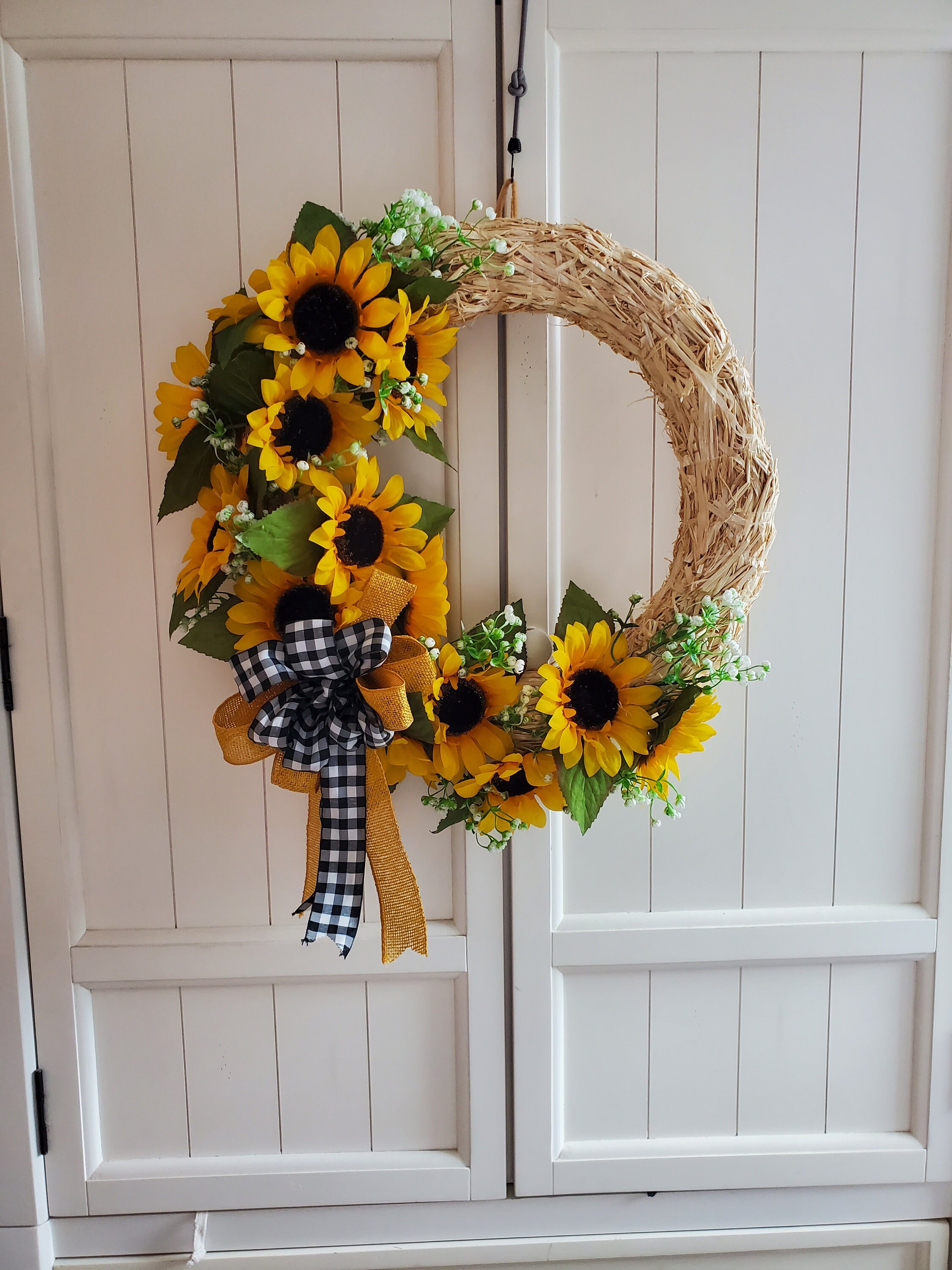Sunflower Straw Wreath: Buffalo Check Bow, Autumn Decor - Etsy