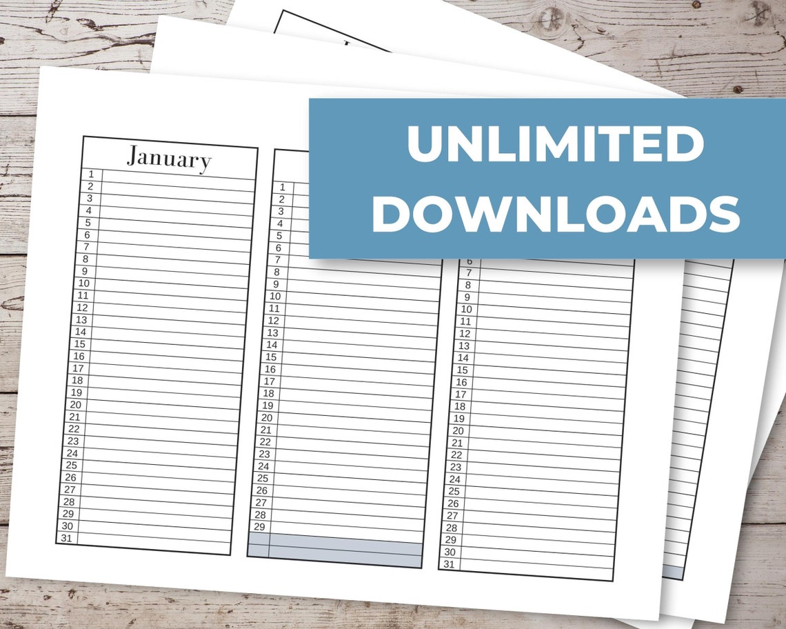 Printable Perpetual Calendar, Undated Calendar Printable, Year at A ...