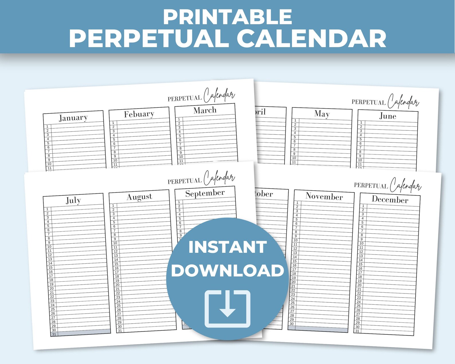 Printable Perpetual Calendar, Undated Calendar Printable, Year at A ...