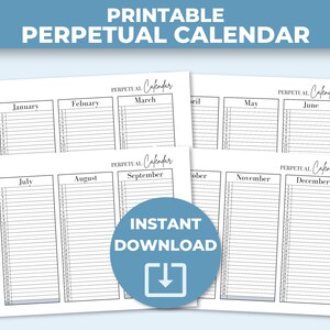 Printable Perpetual Calendar, Undated Calendar Printable, Year at A ...