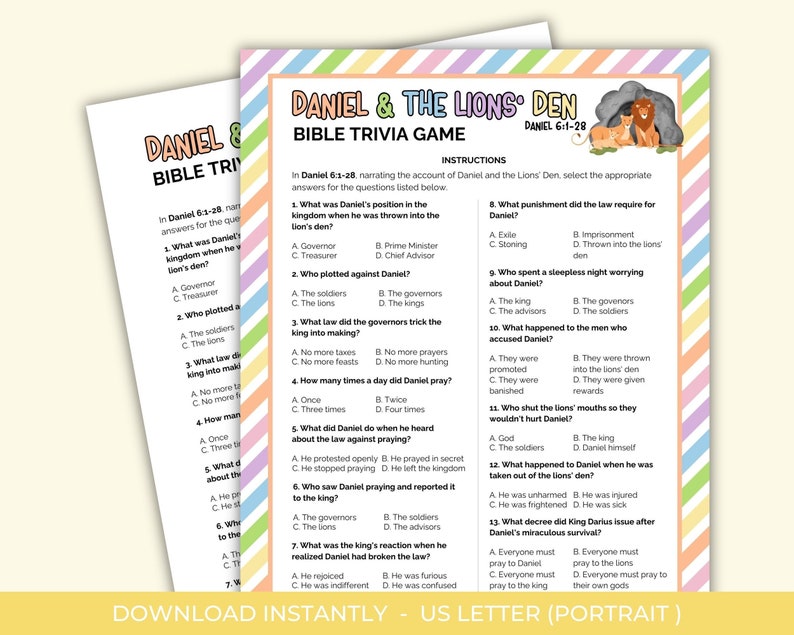 Daniel and the Lions' Den Bible Printable Trivia Game for Kids, Bible ...