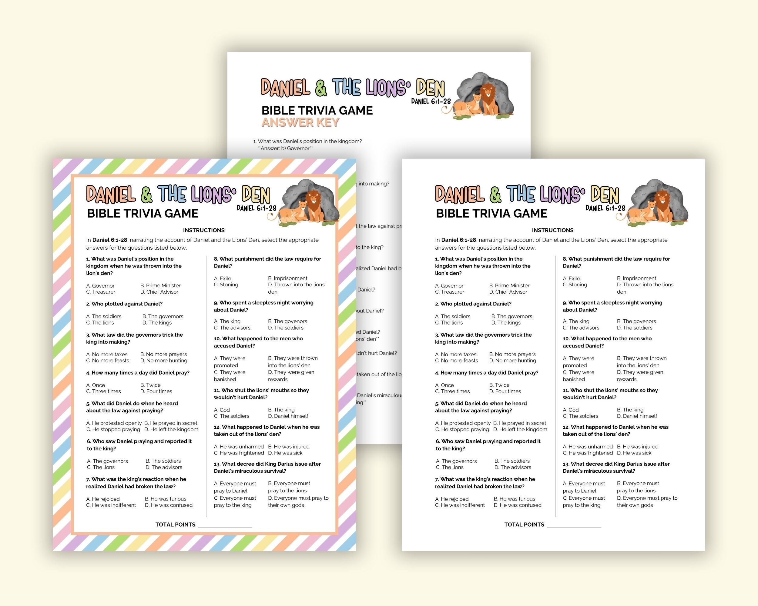 Daniel and the Lions' Den Bible Printable Trivia Game for Kids, Bible ...