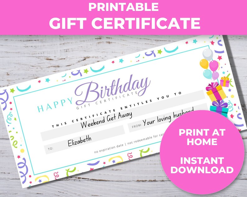 Birthday Gift Certificate Printable, Gift Certificate Template, Blank ...