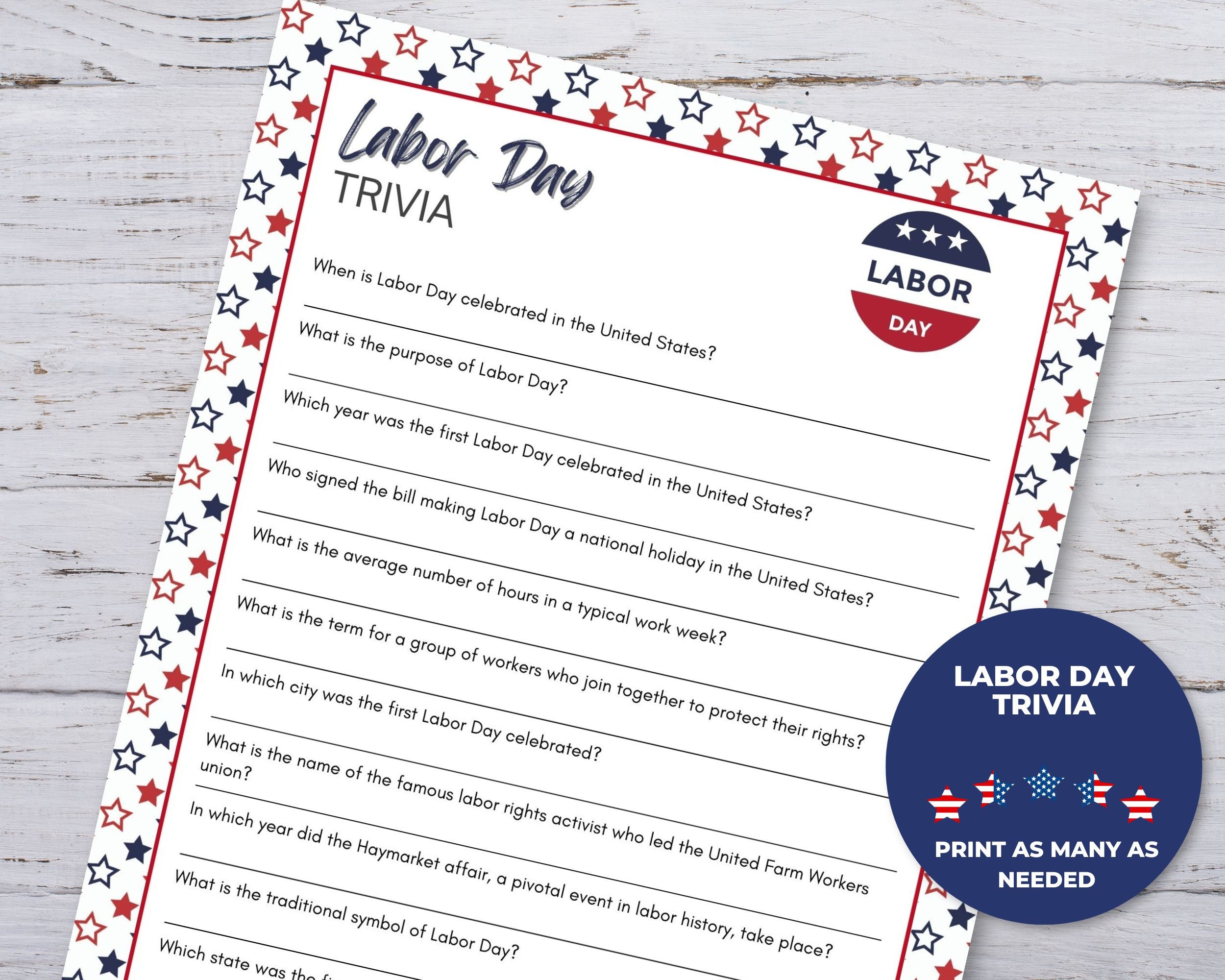 Labor Day Trivia Printable Labor Day Party Games Labor Day - Etsy