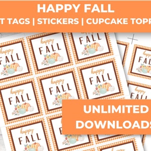 Printable Happy Fall Gift Tags, Cupcake Topper, Cookie Square Tags ...