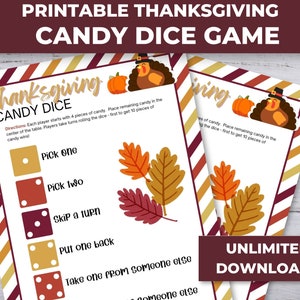 Printable Thanksgiving Candy Dice Game, Thanksgiving Activities for ...