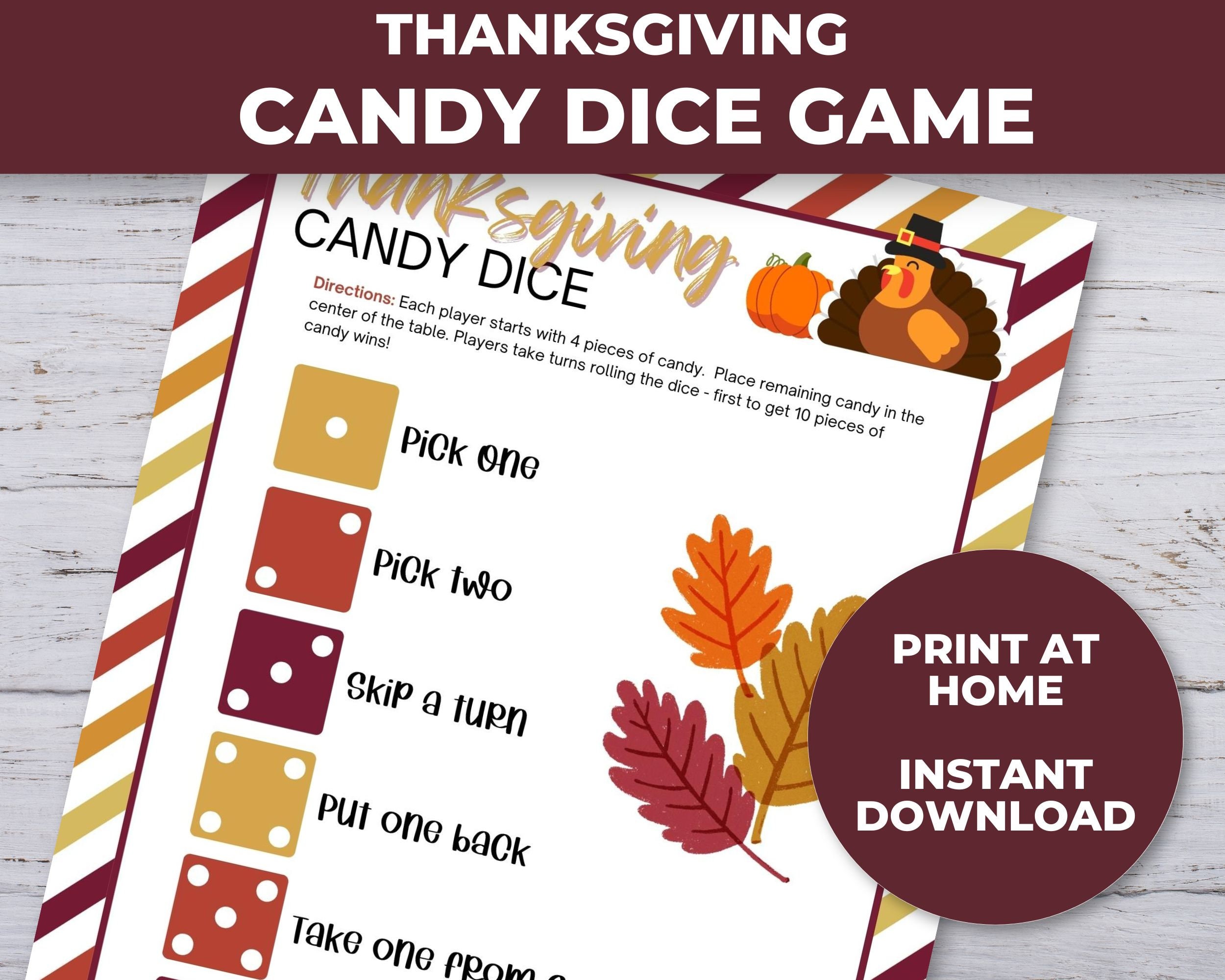 Printable Thanksgiving Candy Dice Game, Thanksgiving Activities for ...