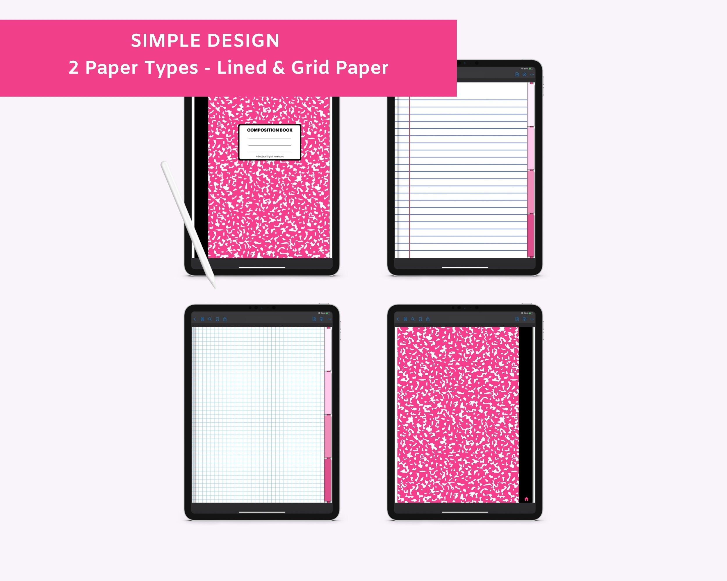 Cute Pink Notebook, Digital Composition Notebook, Notebook With Tabs ...