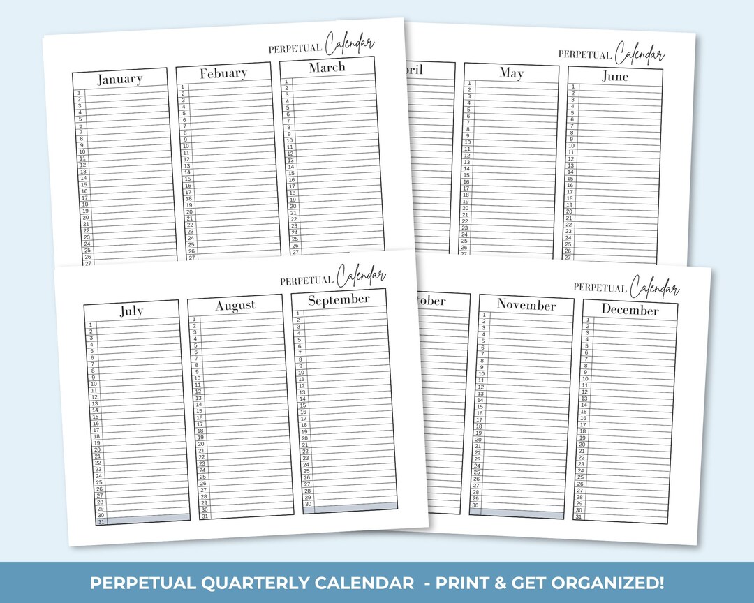 Printable Perpetual Calendar, Undated Calendar Printable, Year at A ...