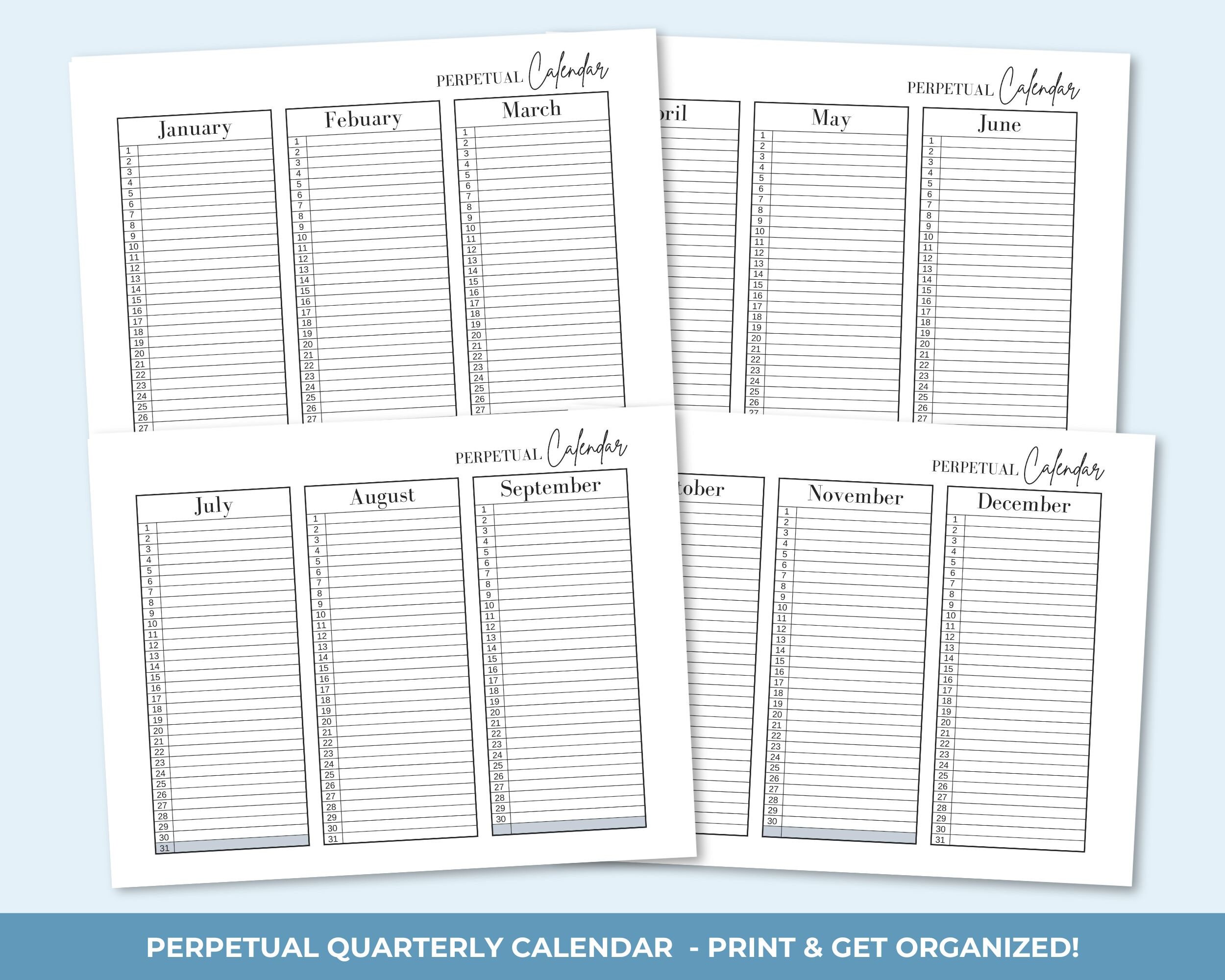 Printable Perpetual Calendar, Undated Calendar Printable, Year at A ...