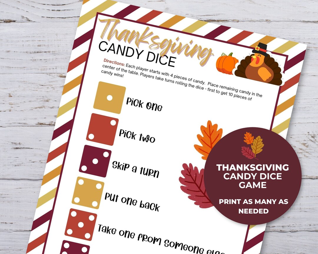 Printable Thanksgiving Candy Dice Game, Thanksgiving Activities for ...