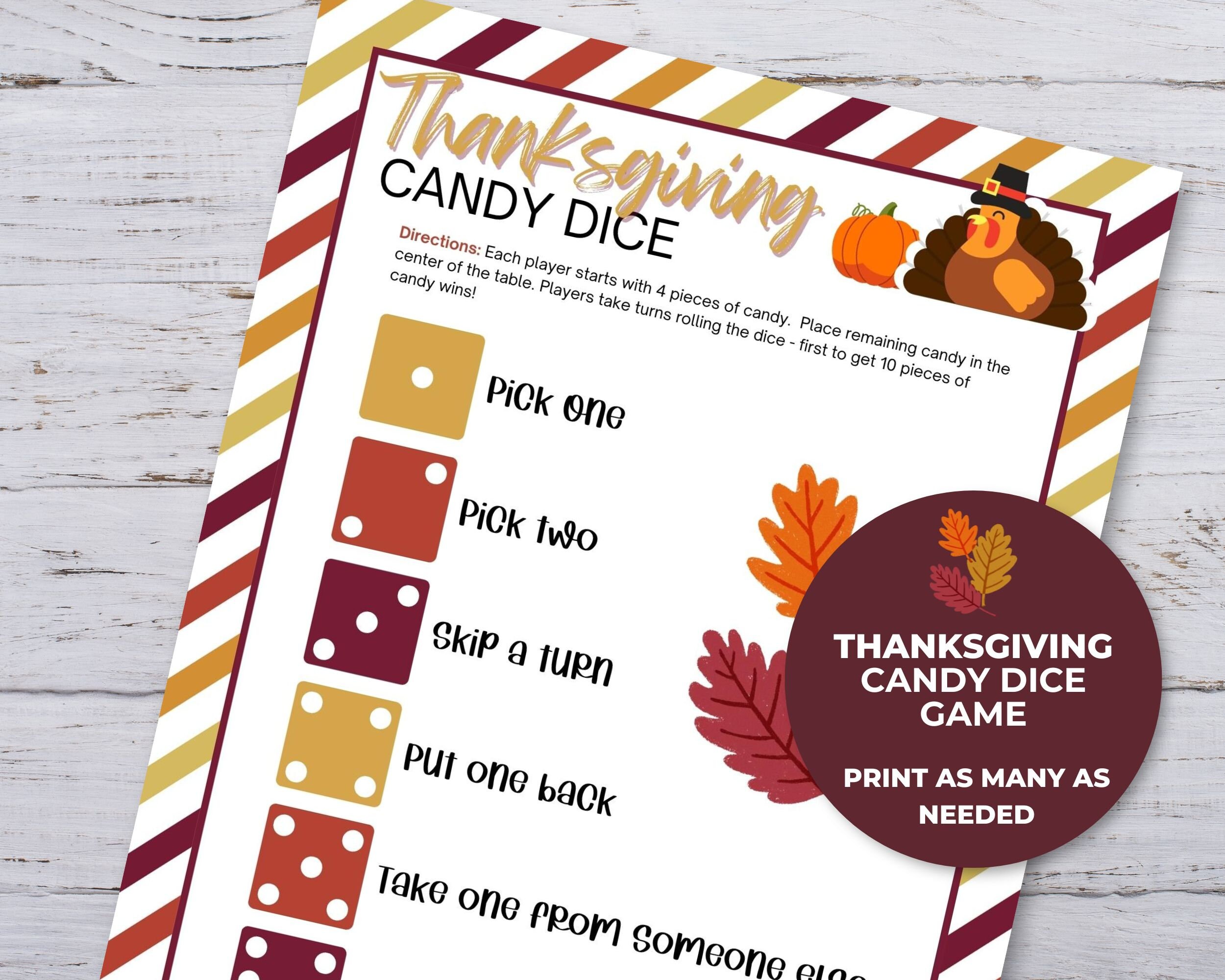 Printable Thanksgiving Candy Dice Game, Thanksgiving Activities for ...