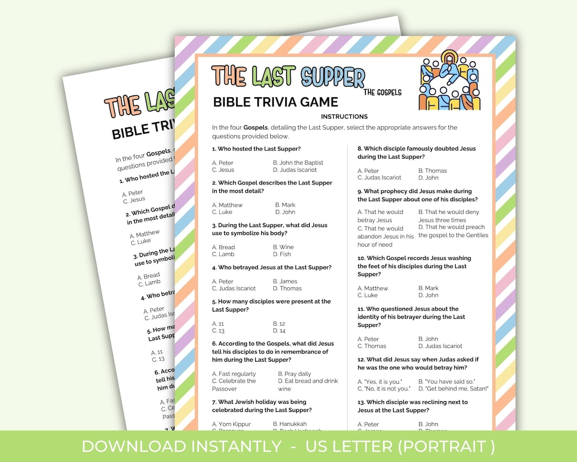 The Last Supper Bible Trivia for Kids, Printable Trivia Game, Bible ...