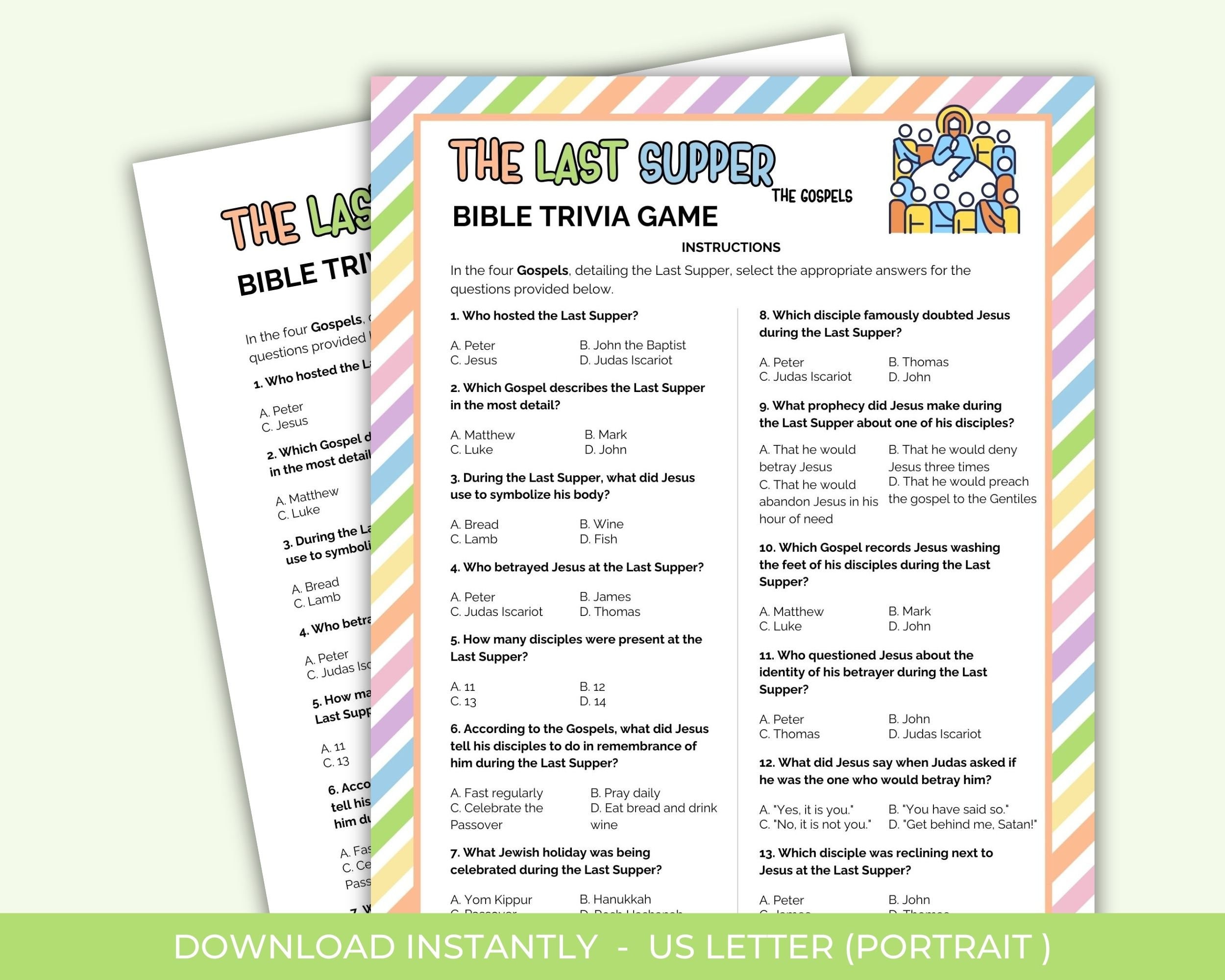 The Last Supper Bible Trivia for Kids, Printable Trivia Game, Bible ...