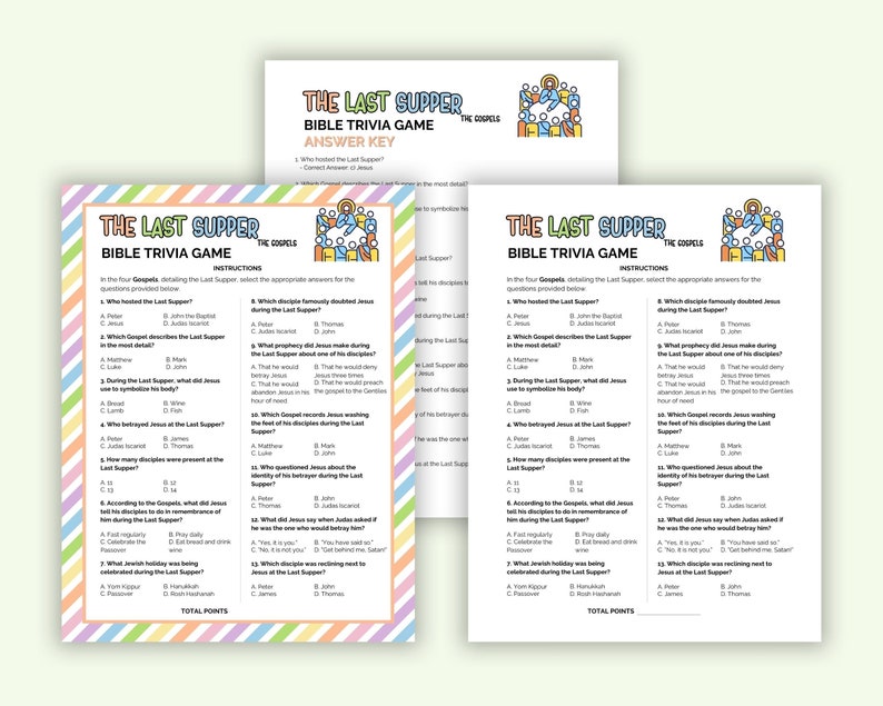 The Last Supper Bible Trivia for Kids, Printable Trivia Game, Bible ...