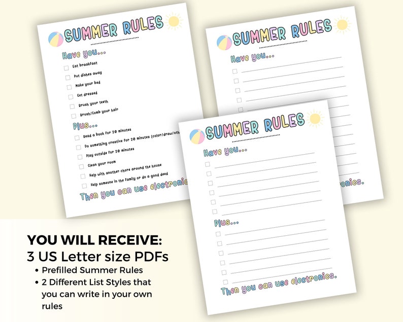 Summer Rules Printable, Earn Screen Time, Chore Chart Printable, Summer ...