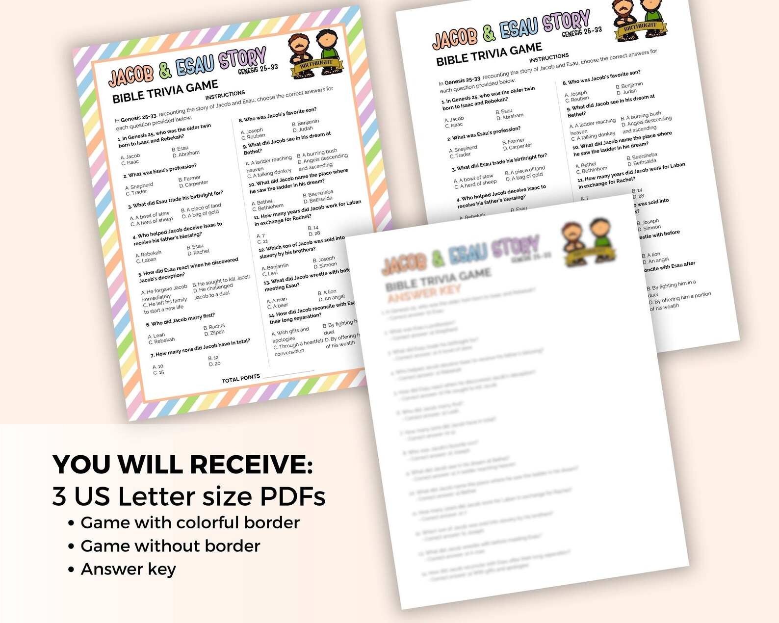 Jacob and Esau Bible Trivia for Kids, Printable Trivia Game, Bible ...