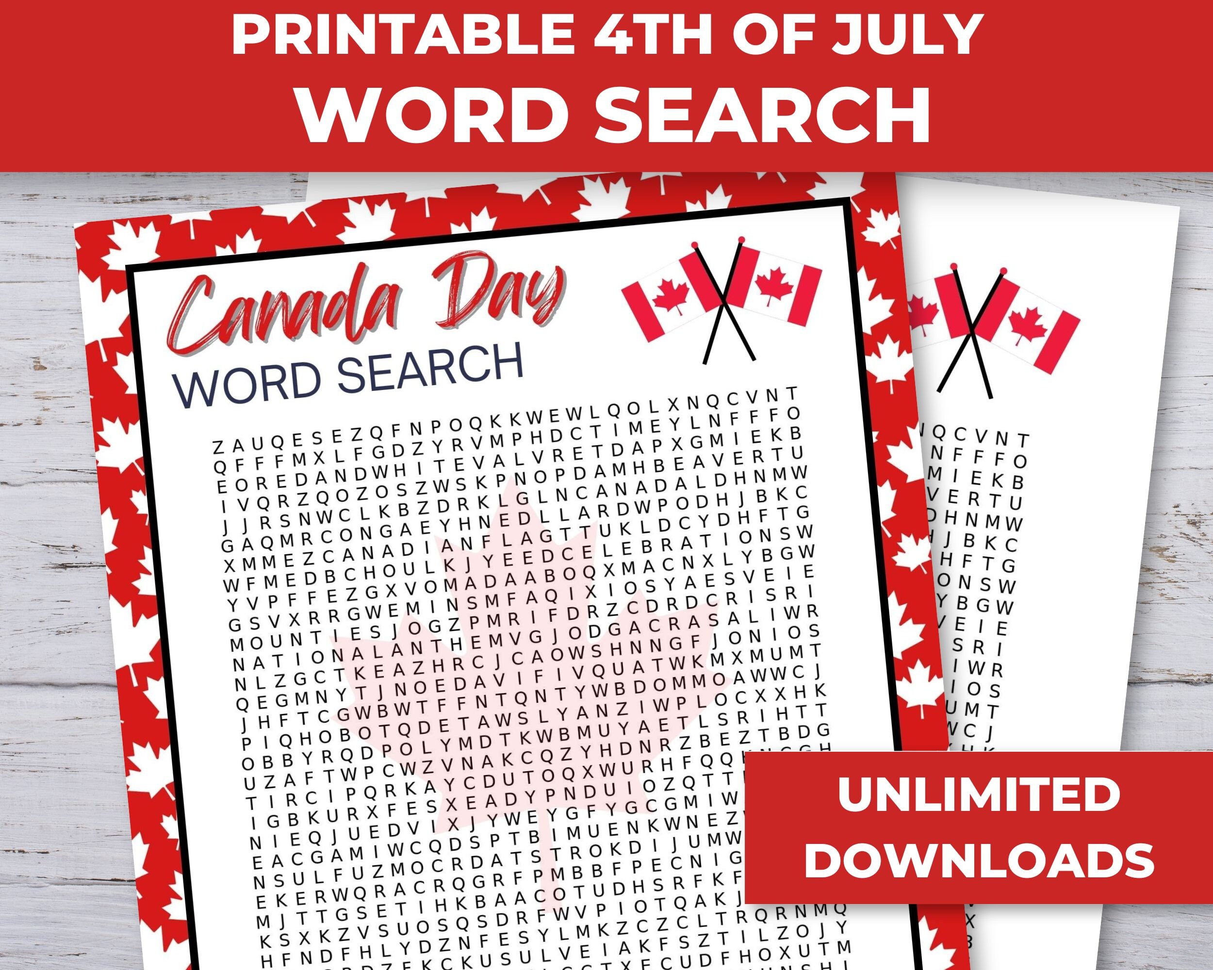 Canada Day Word Search Printable, Canada Day Games, July 1st Games ...