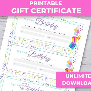 Birthday Gift Certificate Printable, Gift Certificate Template, Blank ...