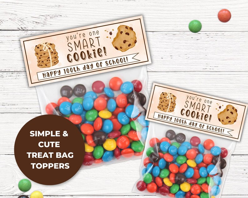 100 Days of School Treat Bag Topper, One Smart Cookie Tag, 100 Days ...