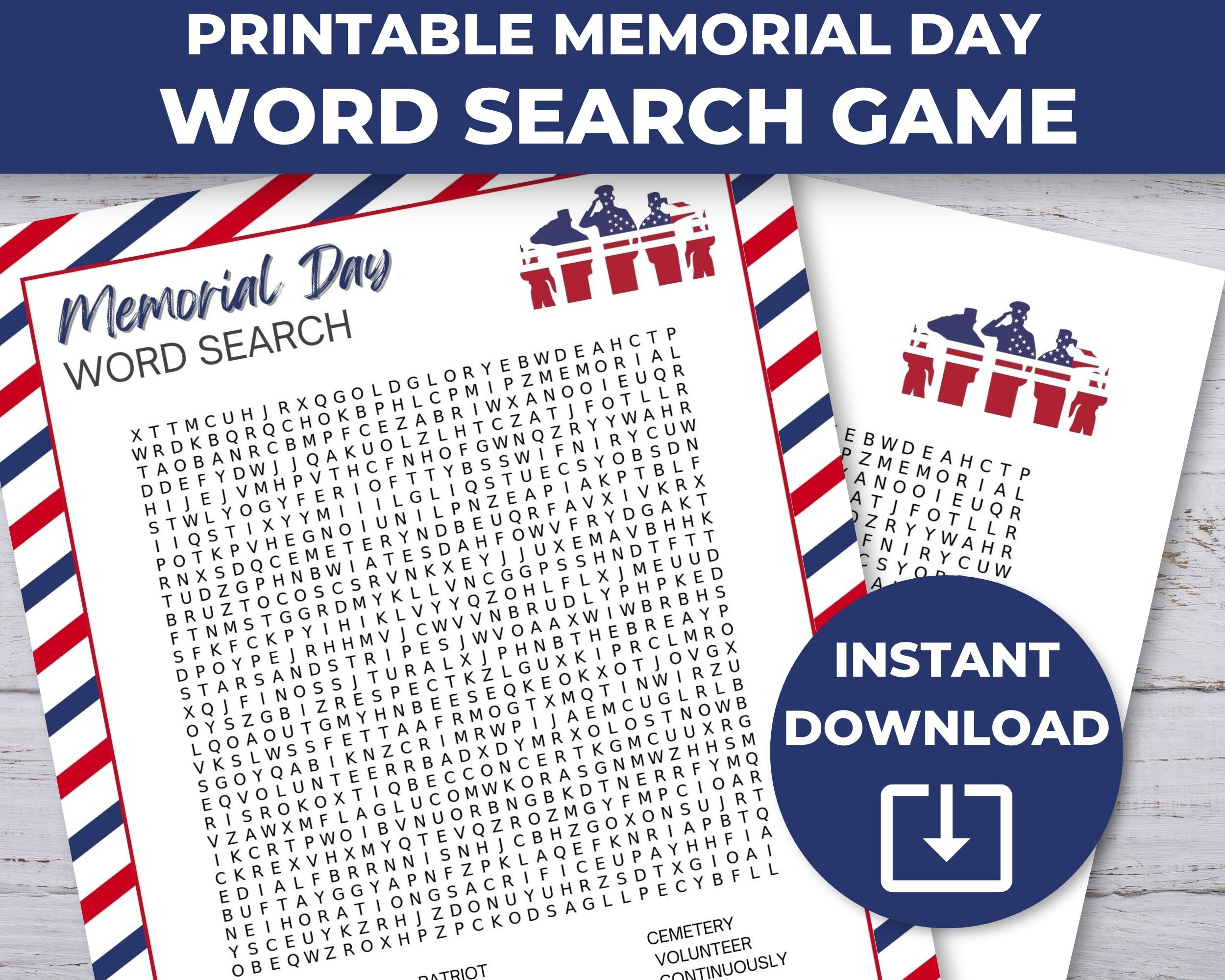 Memorial Day Word Search, Word Puzzles Printable, Patriotic Party Games ...
