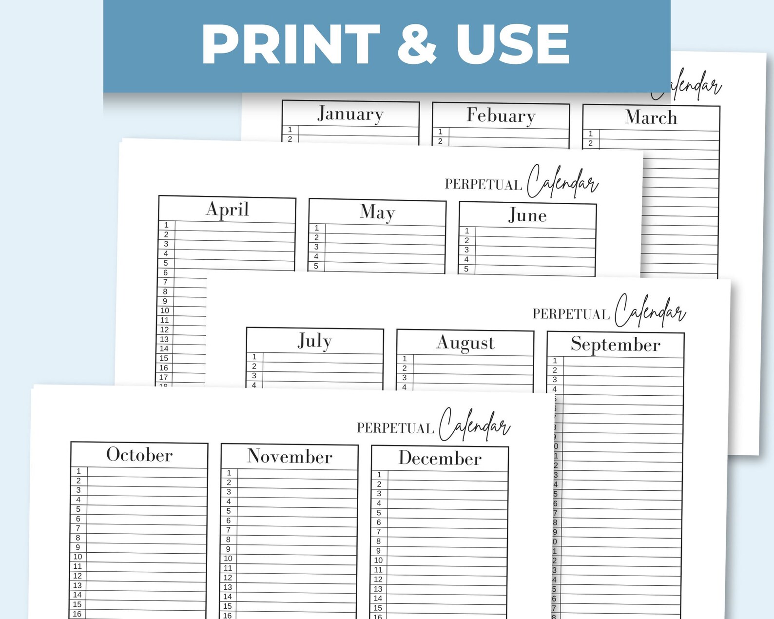 Printable Perpetual Calendar, Undated Calendar Printable, Year at A ...