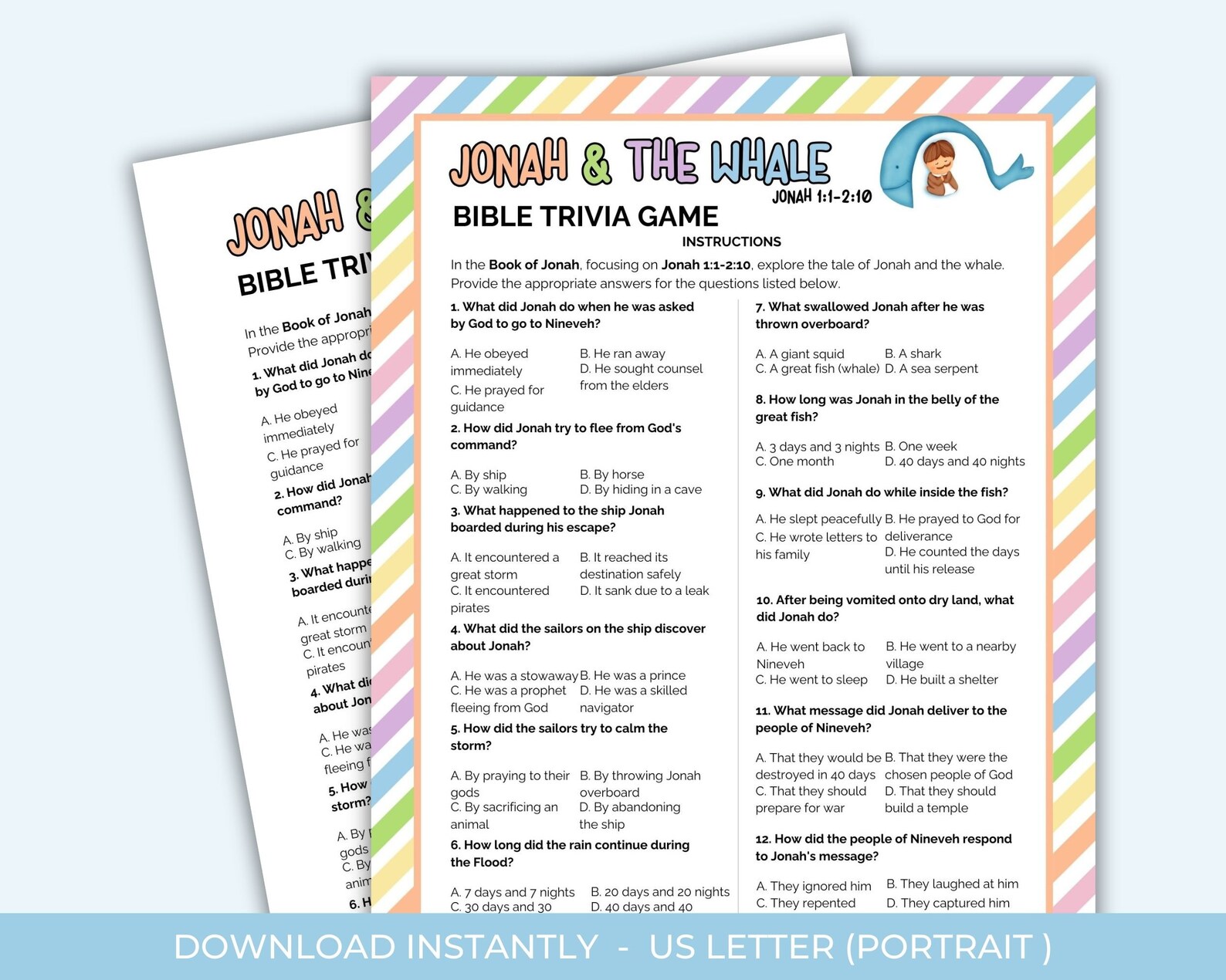 Jonah and the Whale Bible Trivia for Kids, Printable Trivia Game, Bible ...