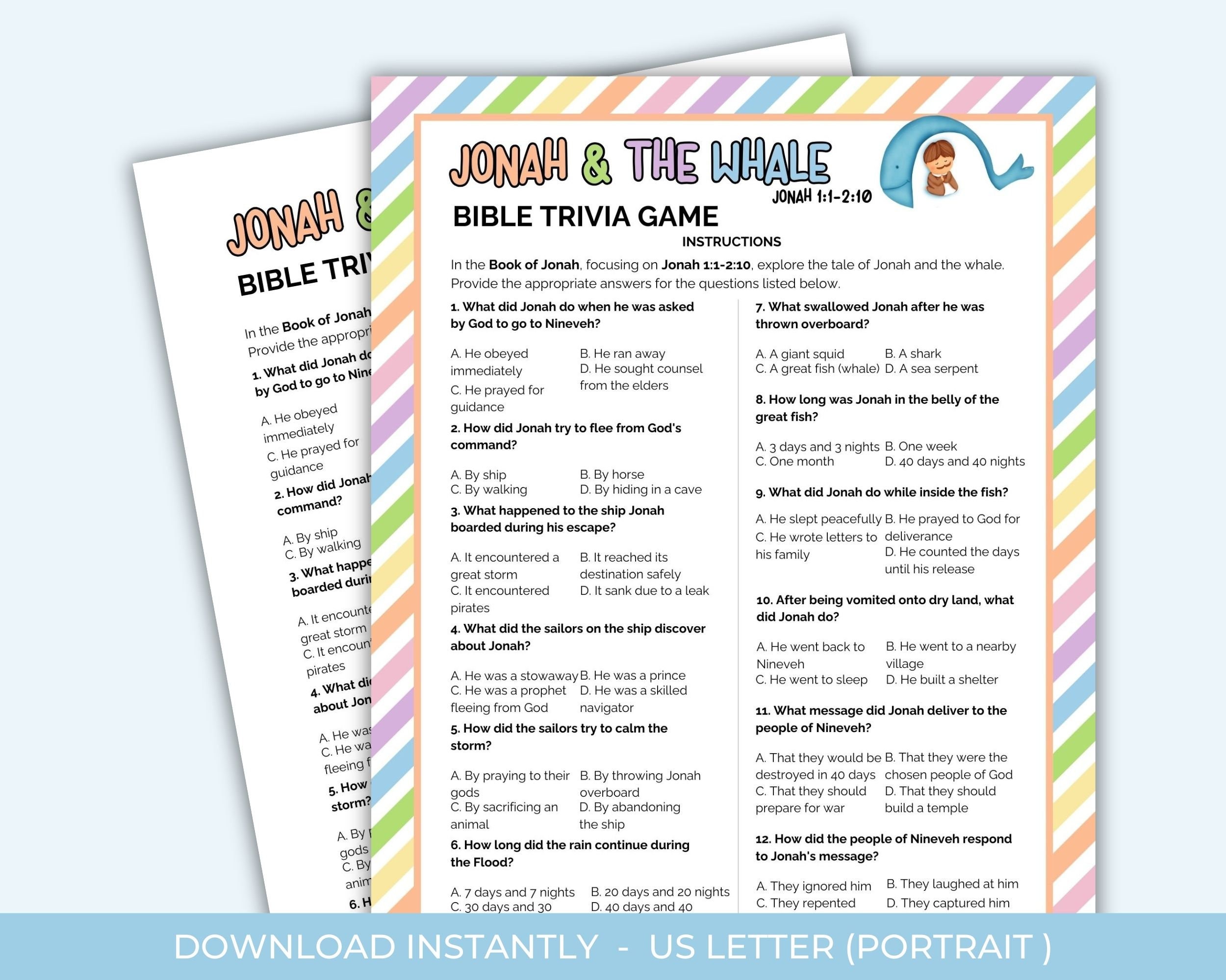 Jonah and the Whale Bible Trivia for Kids, Printable Trivia Game, Bible ...