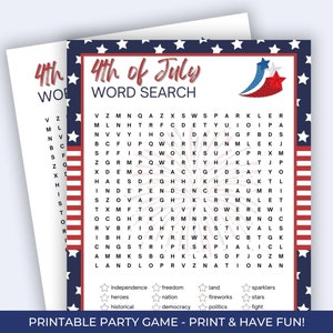 4th of July Word Search, Printable 4th of July Party Games, 4th of July ...