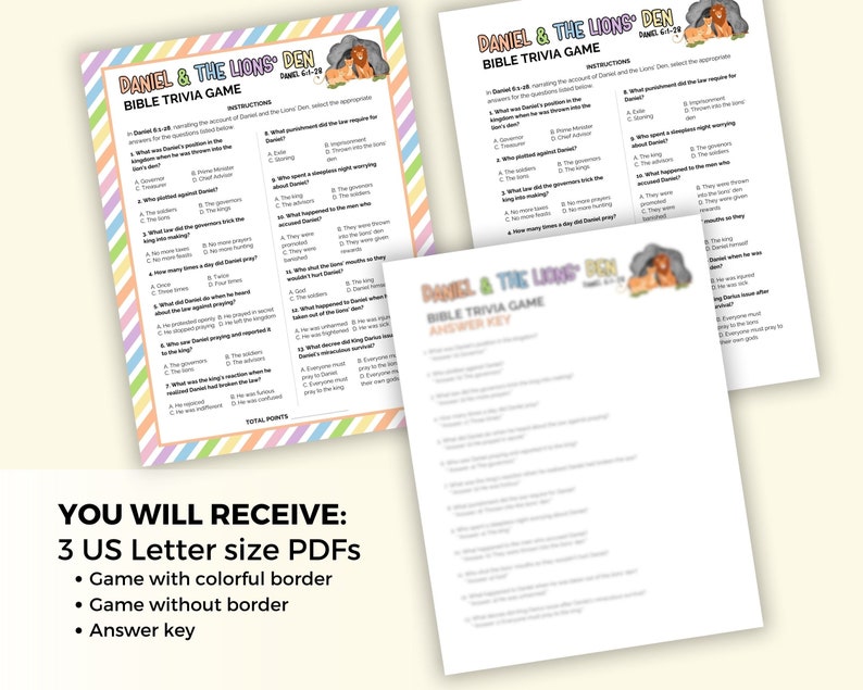 Daniel and the Lions' Den Bible Printable Trivia Game for Kids, Bible ...