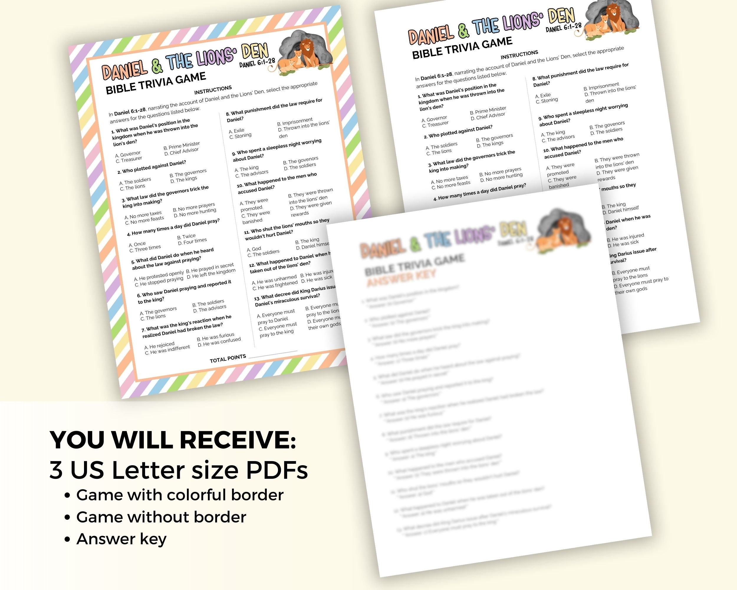 Daniel and the Lions' Den Bible Printable Trivia Game for Kids, Bible ...