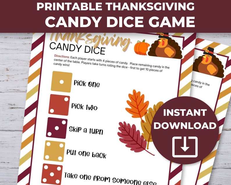 Printable Thanksgiving Candy Dice Game, Thanksgiving Activities for ...