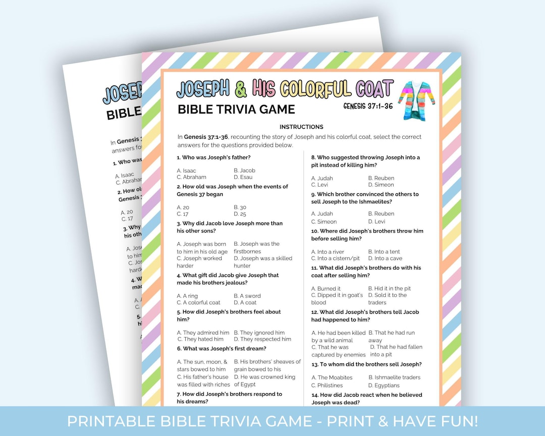 Joseph Coat of Many Colors Bible Printable Trivia Game for Kids, Bible ...