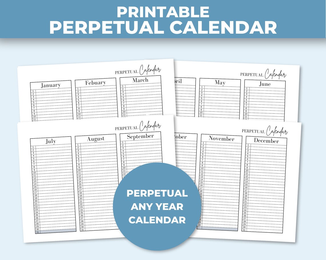 Printable Perpetual Calendar, Undated Calendar Printable, Year at A ...