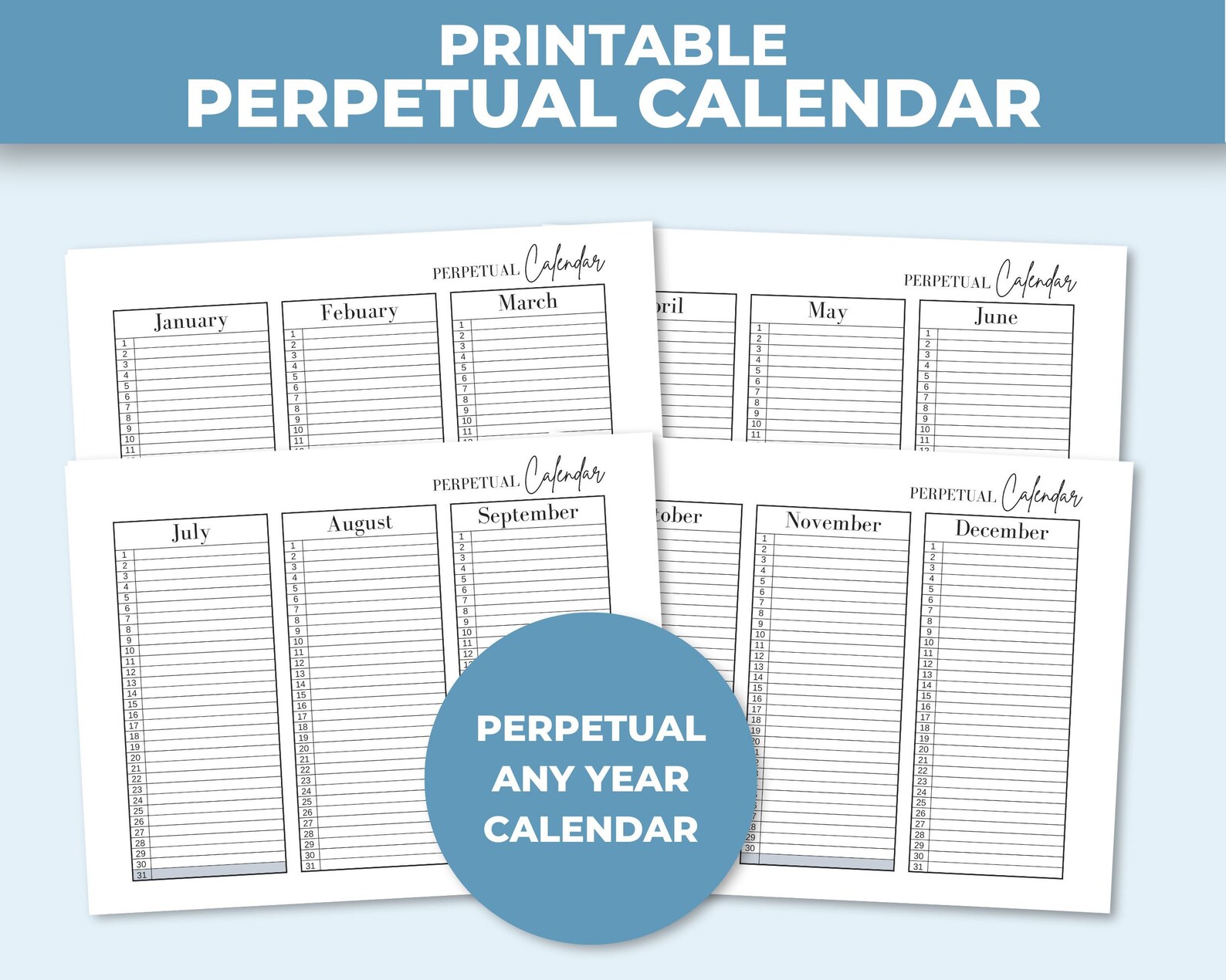 Printable Perpetual Calendar, Undated Calendar Printable, Year at A ...