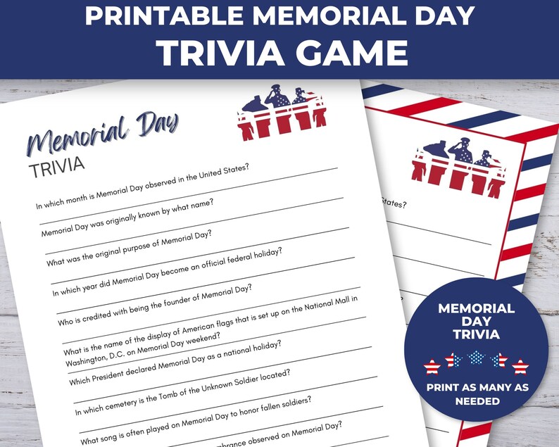 Memorial Day Trivia, Memorial Day Printable, Memorial Day Game ...